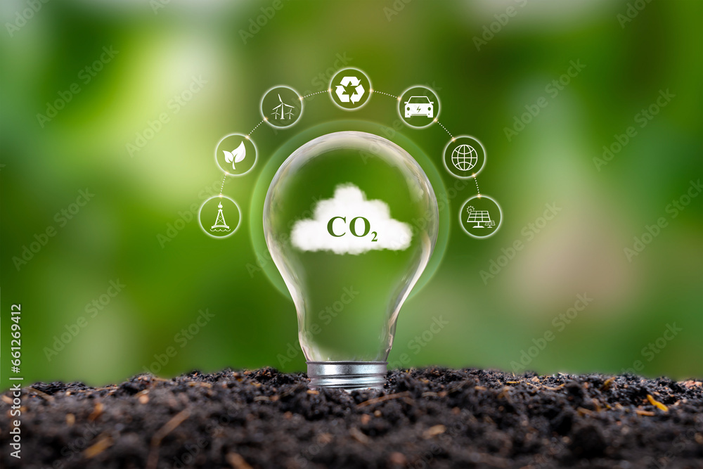 CO2 symbol on cloud in energy saving light bulb Concepts about the ...