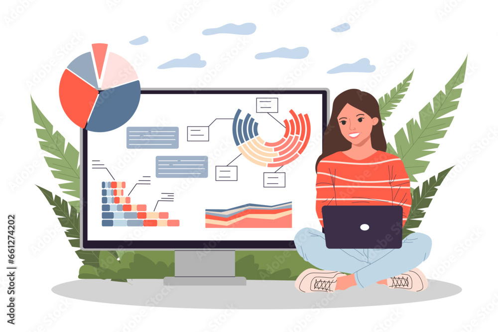 Data analytics dashboard on computer screen vector illustration. Happy ...