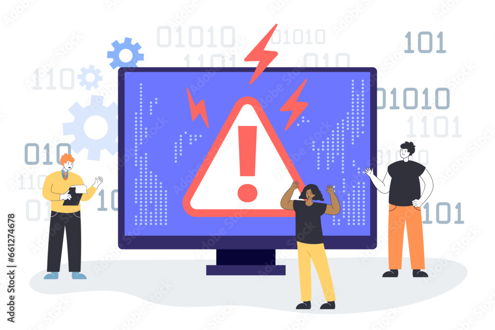 Tiny programmers next to screen with error vector illustration. Cartoon ...