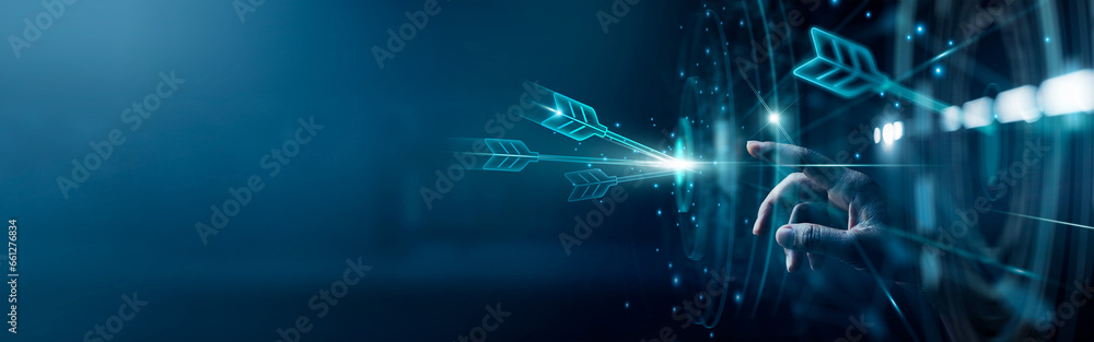 Businessman touch a target board with arrows rising to set business ...