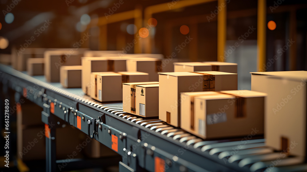 Automated production. Boxes are moving along conveyor. Conveyor in ...