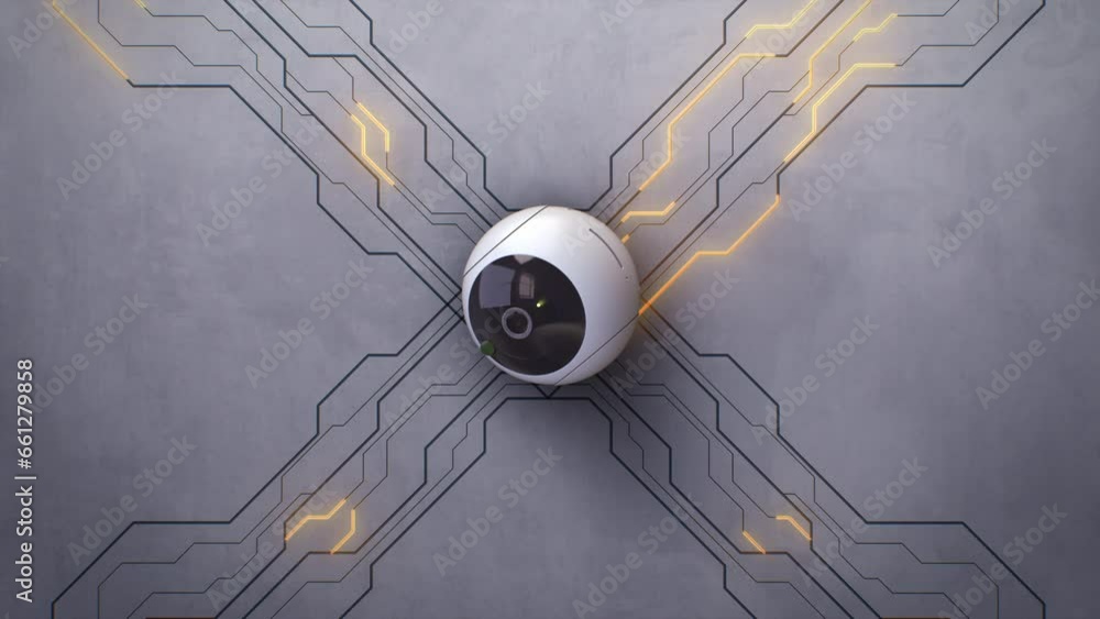 Rotating security camera with AI recognition installed on the wall. 3D ...