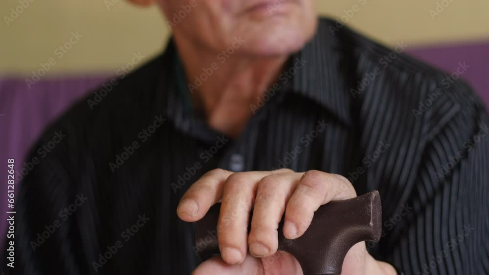 Upset old 70s disabled man sit on couch in retirement house lost in ...