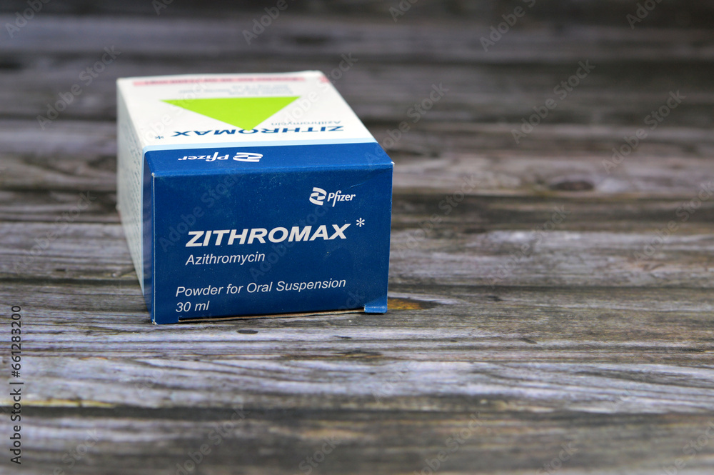 Cairo, Egypt, October 8 2023: Zithromax Azithromycin suspension powder ...