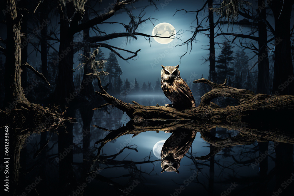 moonlight on an owl on a tree branch, and its reflection Stock ...