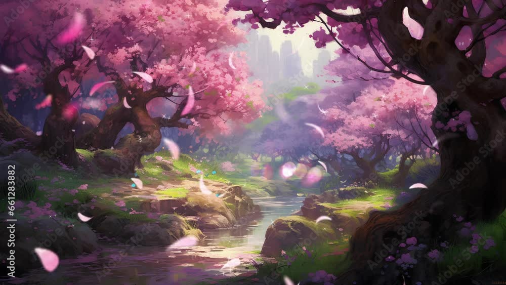 Scene in a spring time forest with cherry trees. cherry leaves fall ...