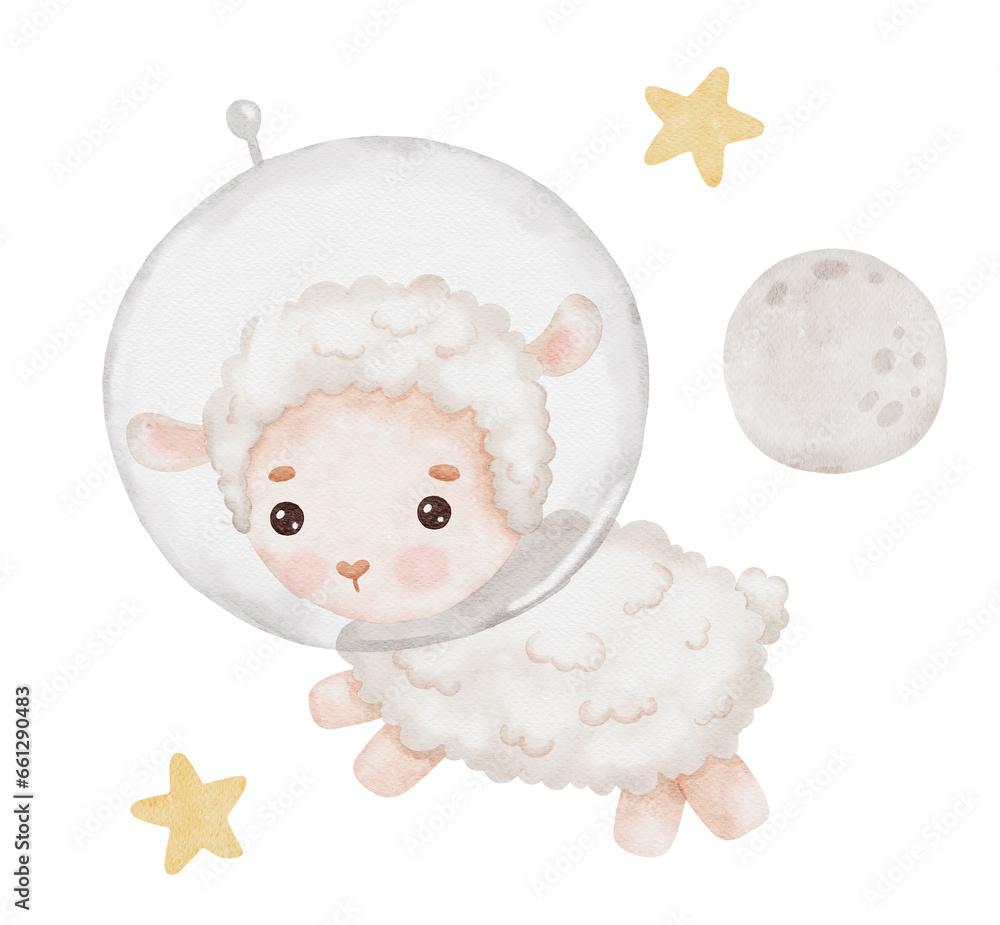 Cute watercolor lamb cosmonaut in spacesuit. Hand drawn illustration ...