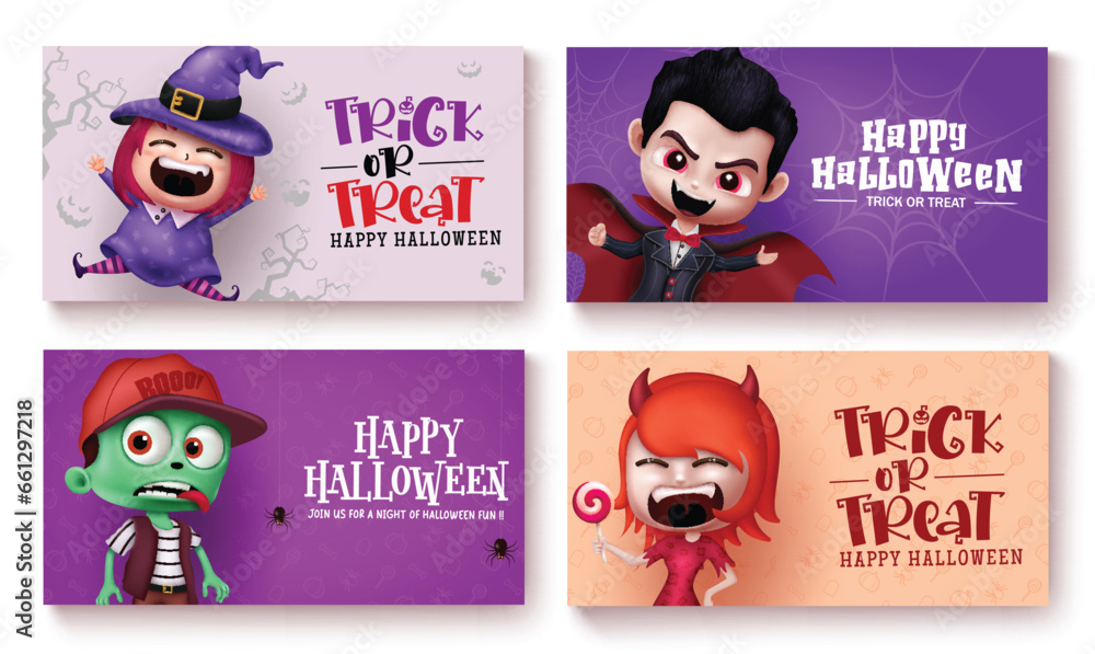 Halloween tags characters vector set banner. Trick or treat greeting ...