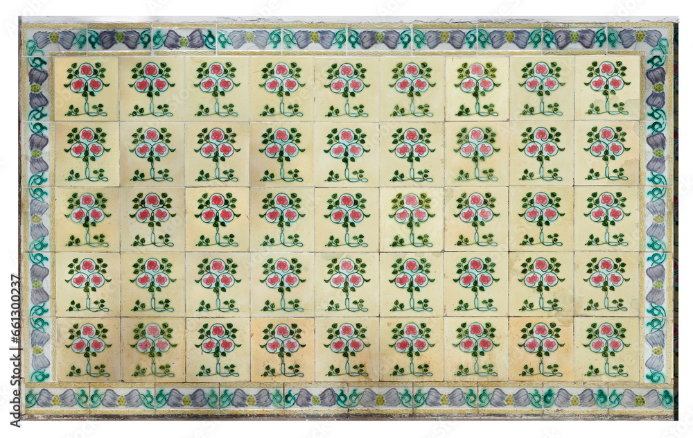 Rows of antique Nyonya Tiles with red roses on yellow base. Traditional ...
