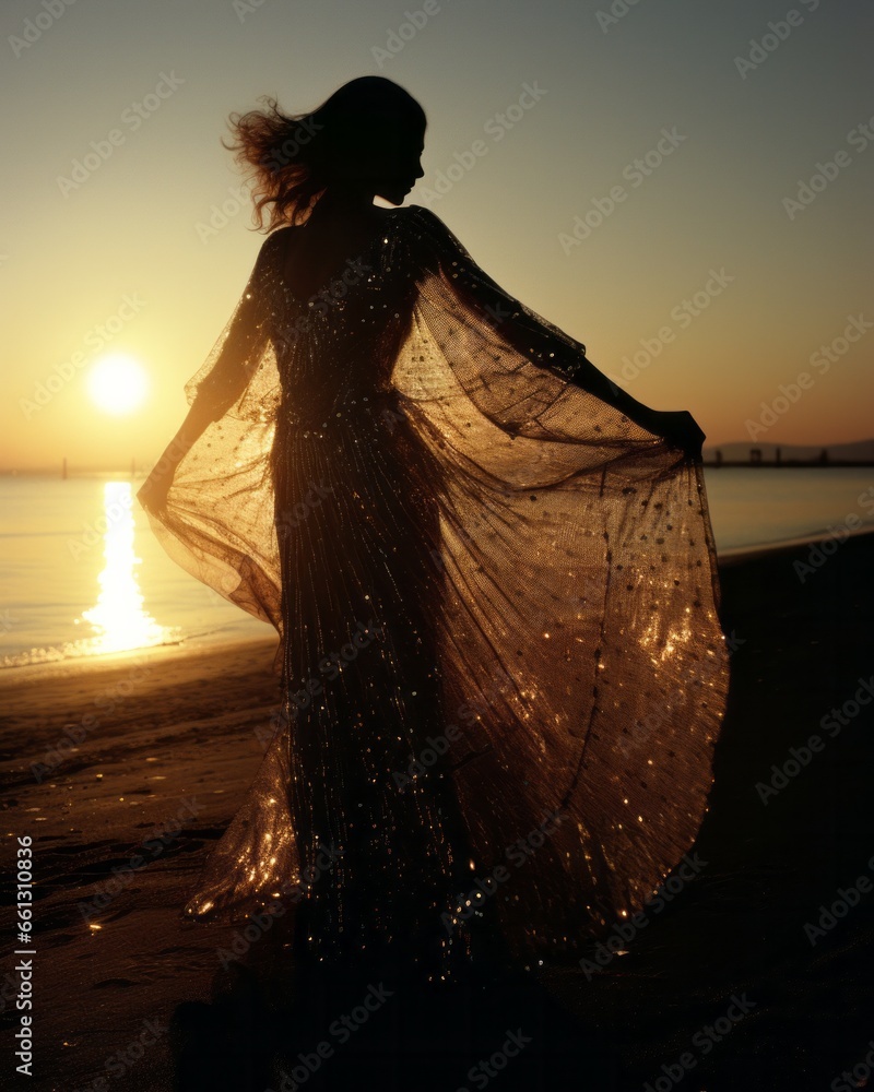 Silhouette Photograph of model woman on beach at sunset wearing golden ...