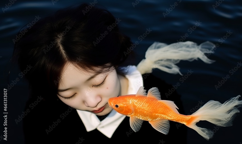 fine art photograph asian woman, floating with fish, goldfish, eyes ...