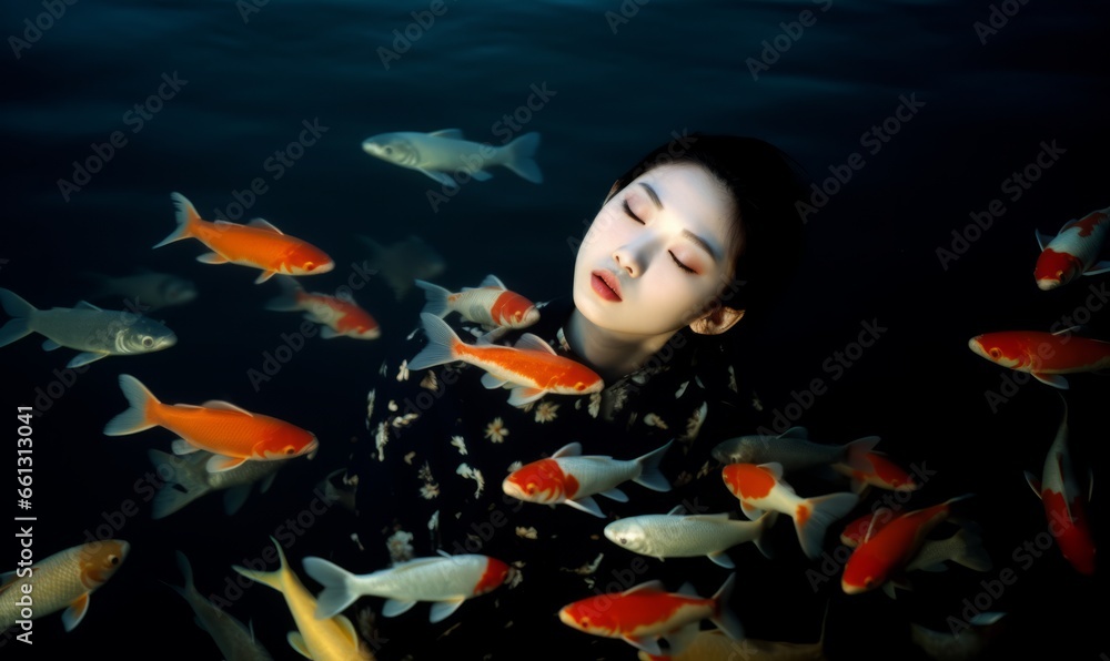 fine art photograph asian woman floating, eyes closed, surreal scene ...