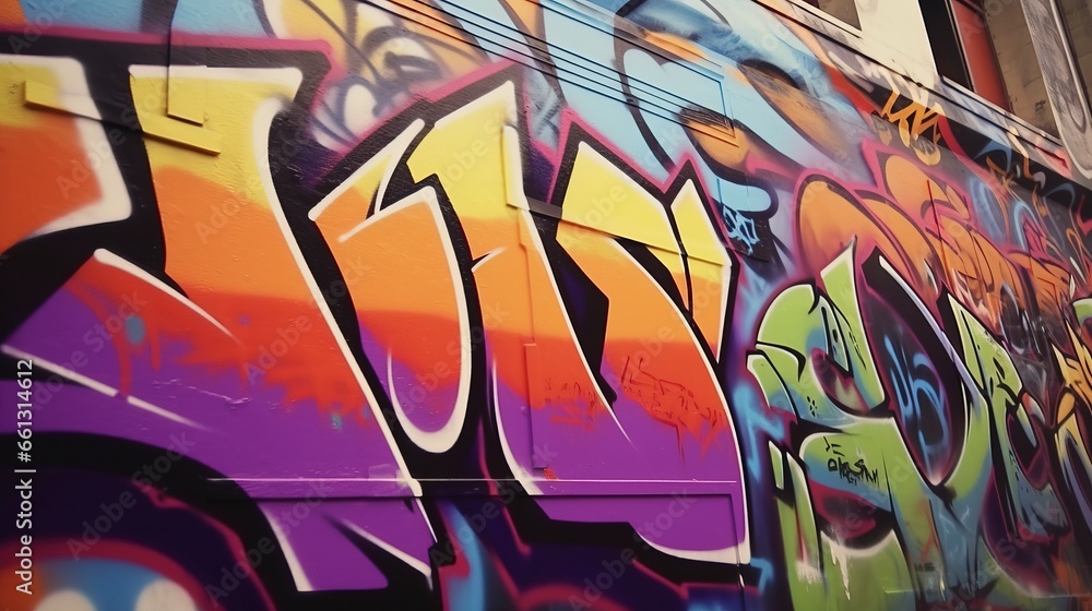 A vibrant display of urban street art on a graffiti-covered wall ...