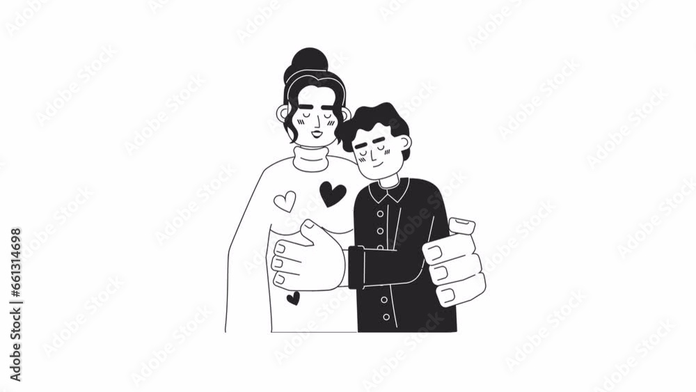 Latino mom teen son hugs bw 2D characters animation. Grateful thank you ...