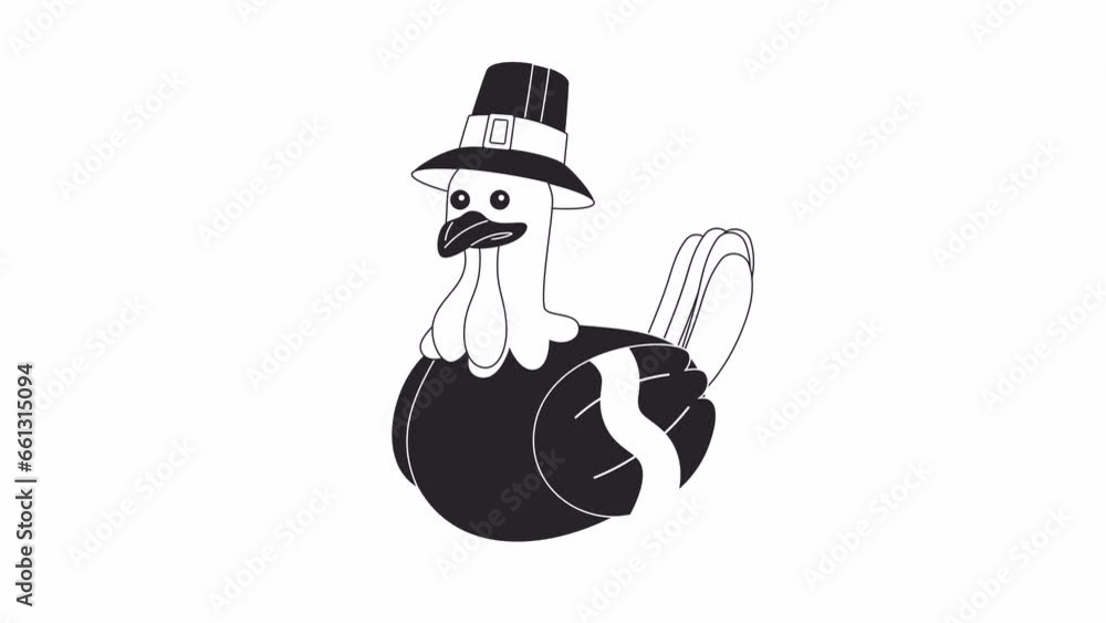 Pilgrim turkey blinking bw 2D character animation. Poultry bird wearing ...