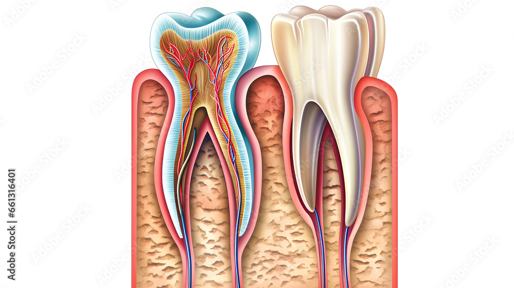 The structure of a human tooth, a model to study, a color illustration ...