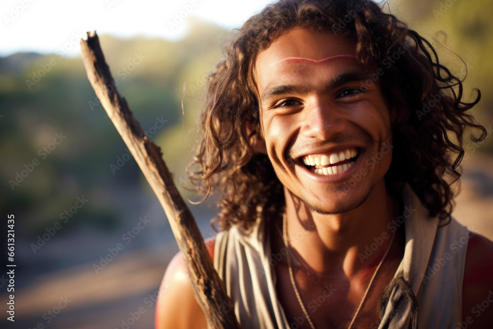 Young Aboriginal man chuckling, with a spear from wood in the ...
