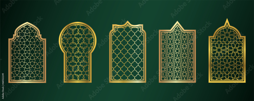 Golden Ramadan windows. Islamic door frames with ornament. Arabic ...