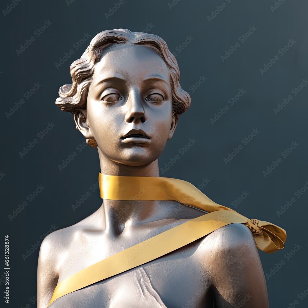 Grace. A silver statue of a woman with golden ribbon on her neck ...