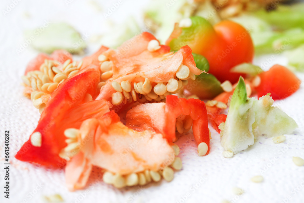 Bell pepper interior. Pepper paprika seeds closeup. Food waste ...