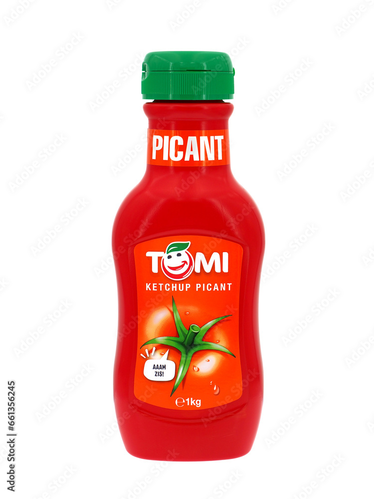 ROME, ITALY - OCTOBER 13, 2023. Plastic bottle of Tomi Spicy Ketchup ...