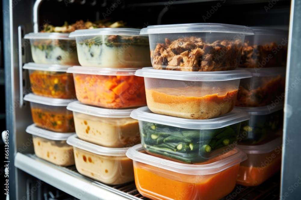 containers of cooked meals stacked in the fridge Stock Photo | Adobe Stock