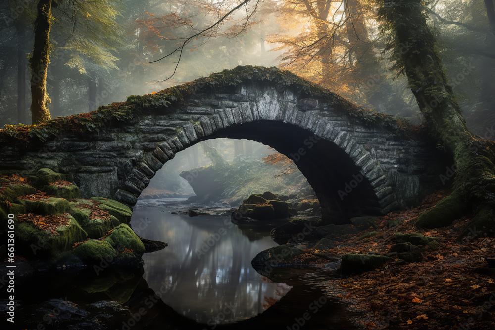 A stone bridge arching gracefully over a slow-moving creek in a misty ...