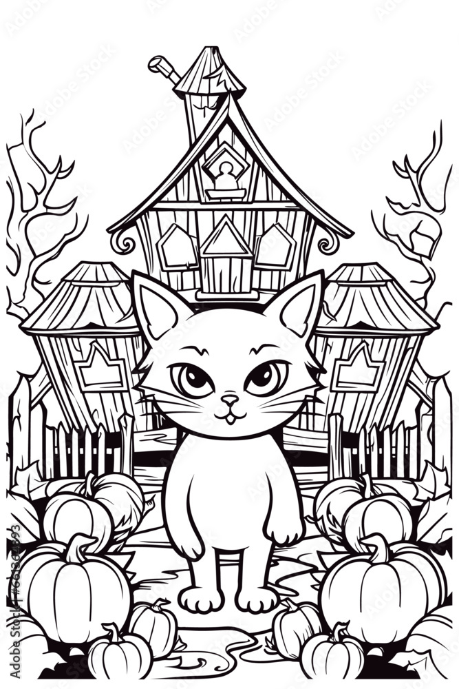 Halloween cat and haunted mansion, spooky coloring page for kids. Black ...