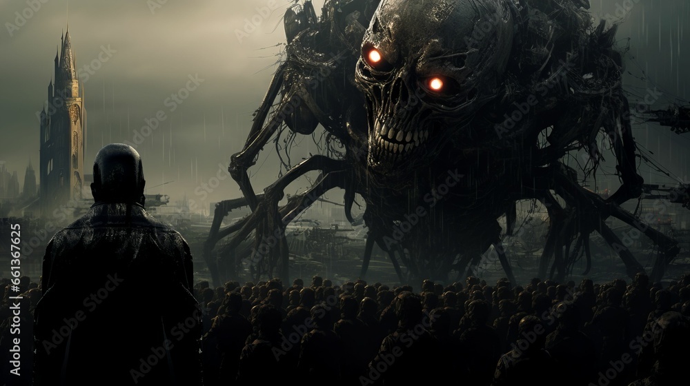 AI generated illustration of a robotic figure with a human skull above ...