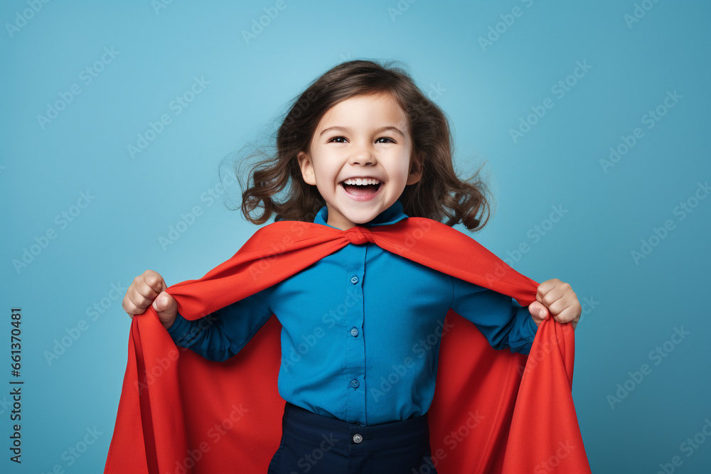 young girl child in a superhero costume, striking a triumphant pose ...