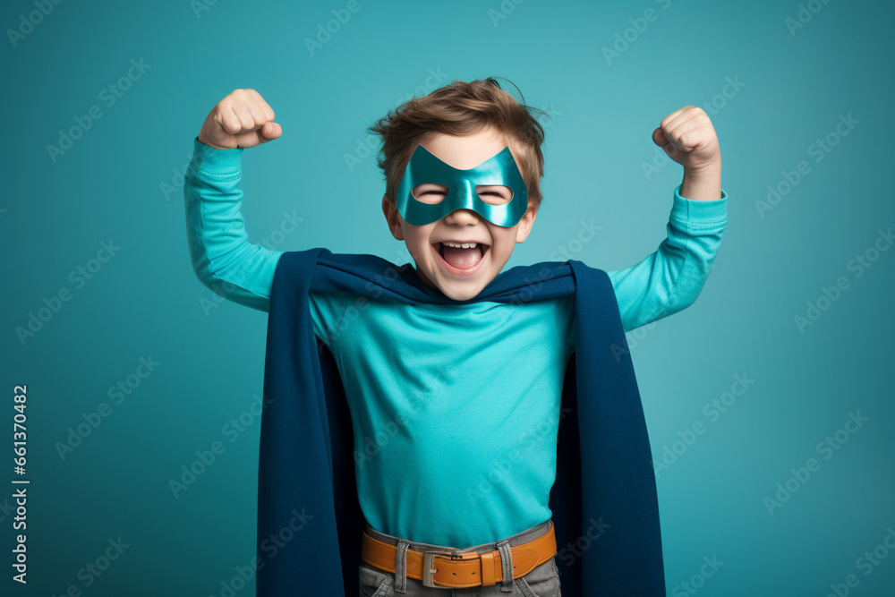 young boy child in a superhero costume, striking a triumphant pose with ...