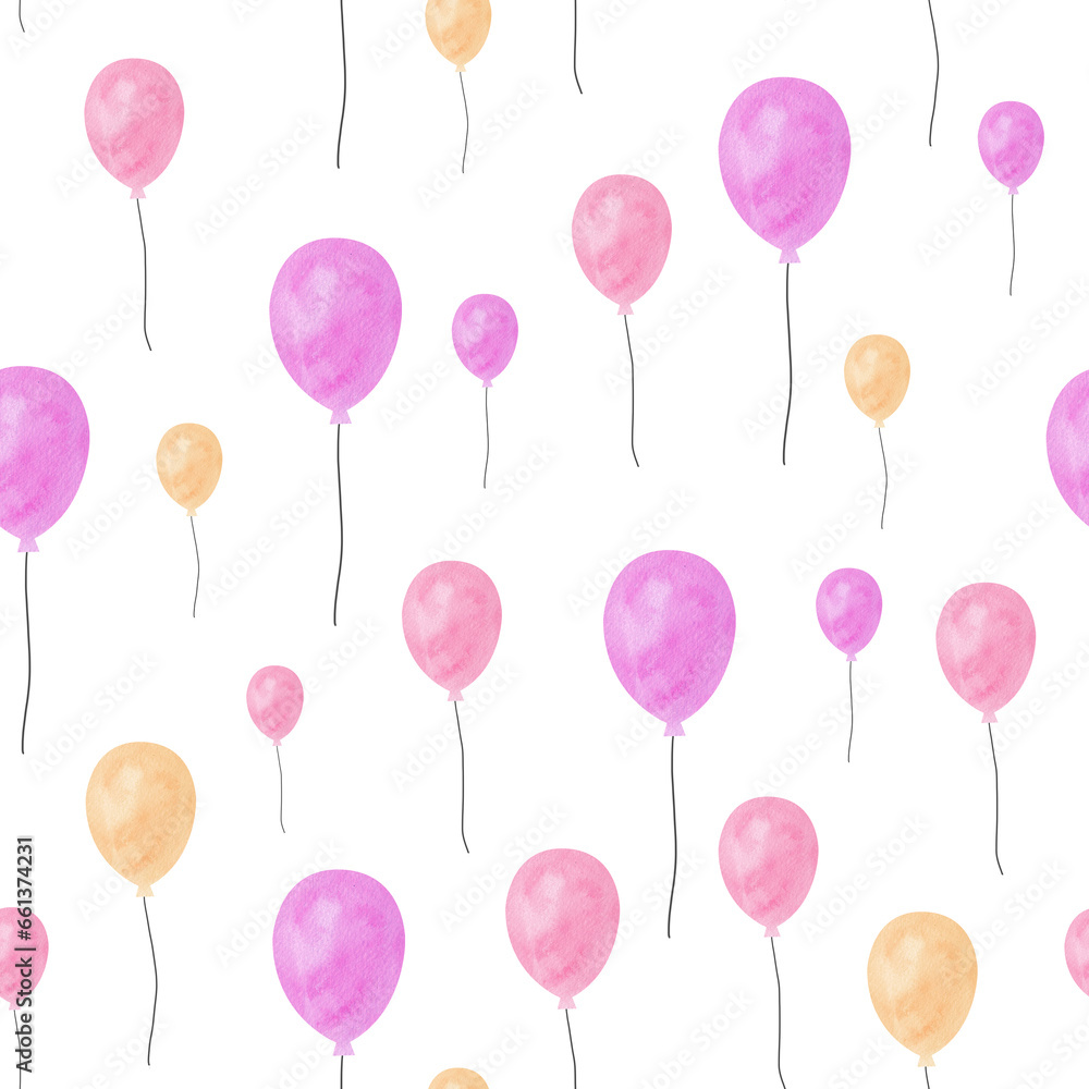 seamless pattern of watercolor pastel pink, yellow and purple balloons ...