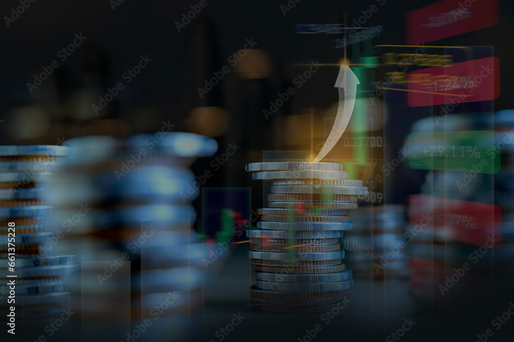 Poster Stack of coins with graph chart growth economic growth graph ...