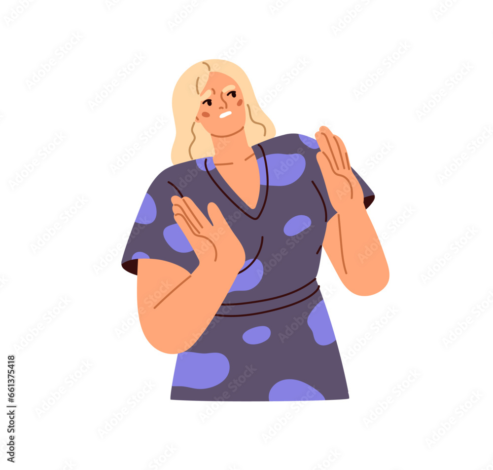Woman saying no, stop with hand gesture. Annoyed girl showing hate and ...