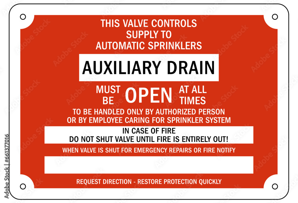 Sprinkler shut off sign and labels auxiliary drain Stock Vector | Adobe ...
