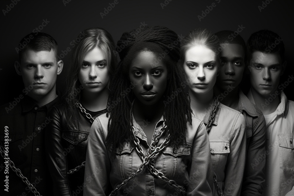 Black and white image of diverse people breaking chains for World AIDS ...