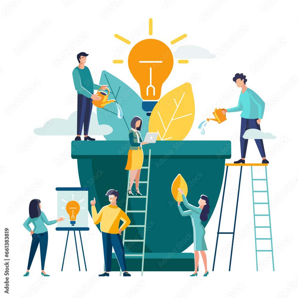 Vector illustration. People grow potted plants, a metaphor for the ...