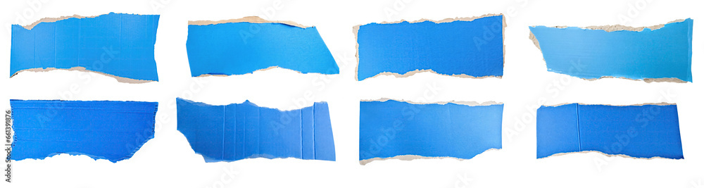 Collection of blue paper ripped messages torn with copy space, ripped ...
