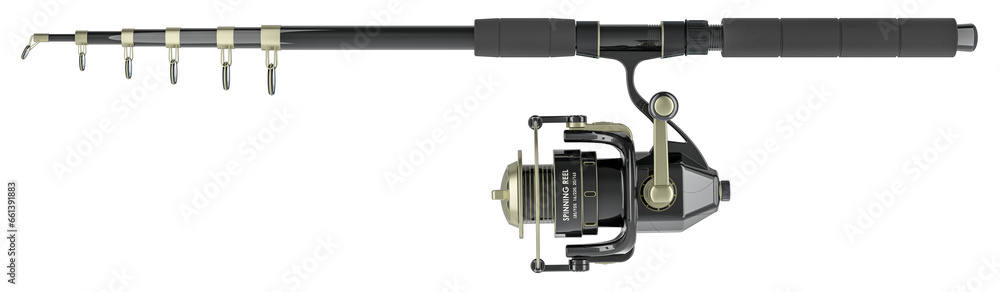 Fishing rod with spinning reel, side view. 3D rendering isolated on ...