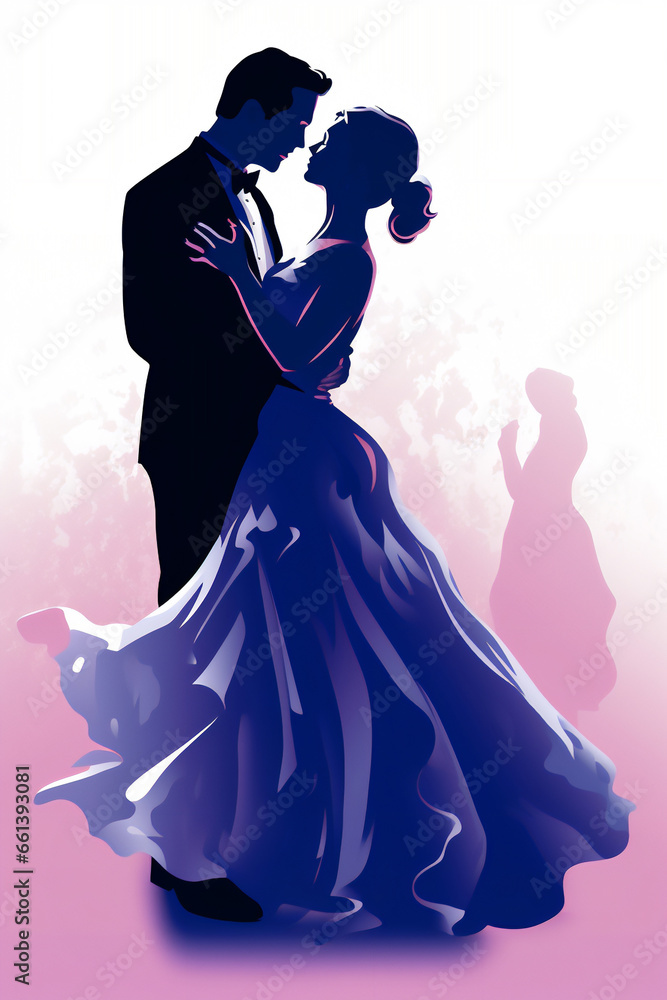 Purple silhouette of ballroom dancers who are dancing as a couple ...
