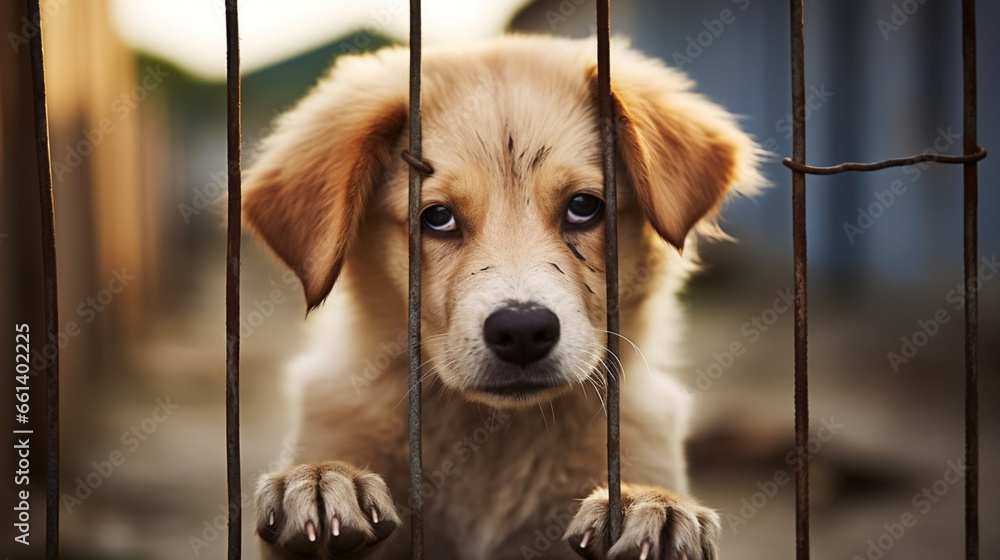 copy space, stockphoto, Sad dog behind the fence. Homeless dog behind ...
