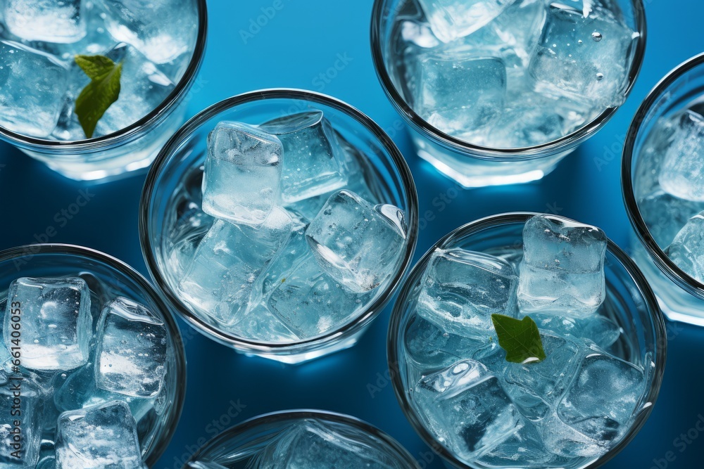 Top-down perspective capturing ice cubes floating in water on a cool blue background, portraying ...
