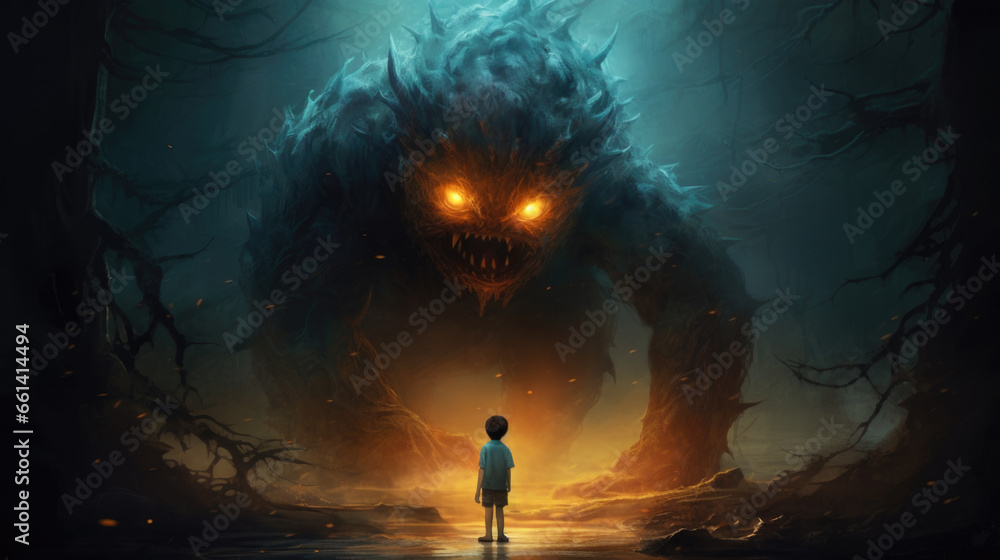 A frightened child facing a nightmarish monster, captured in a surreal ...