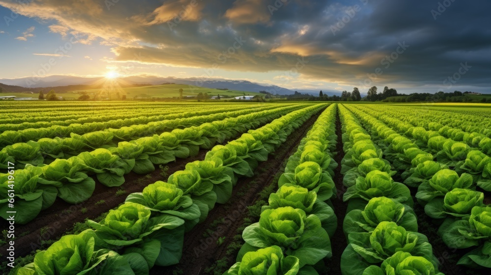 Cultivated field of lettuce growing in rows along the contour line in ...