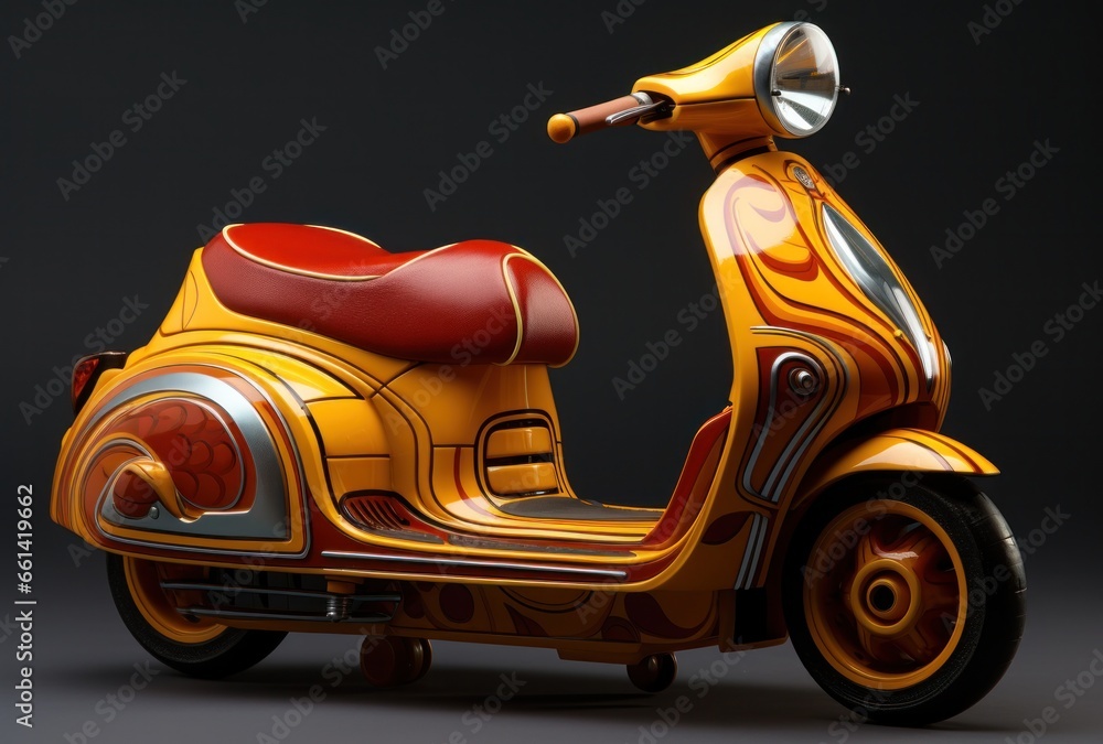 A vibrant yellow and fiery red scooter races down the road, its sleek ...