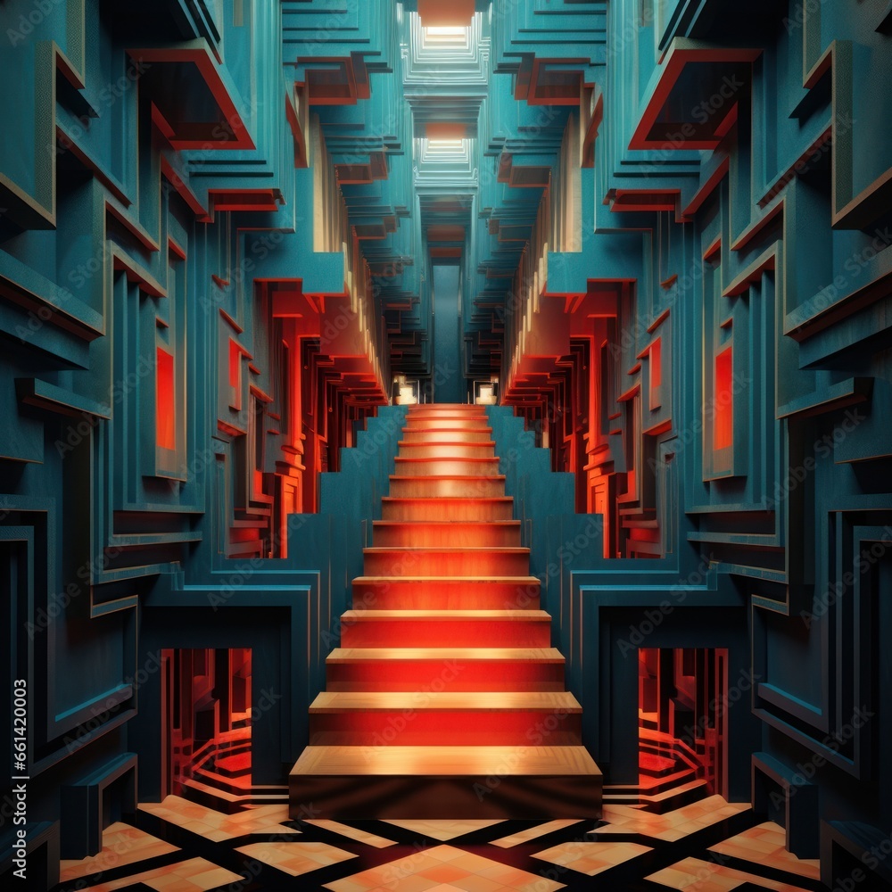 Ascending through a labyrinth of symmetrical steps, the vibrant ...