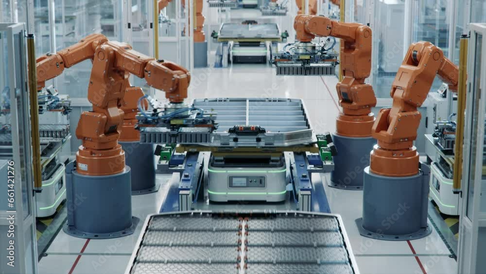Row of Robotic Arms inside Bright Plant Assemble Batteries for ...
