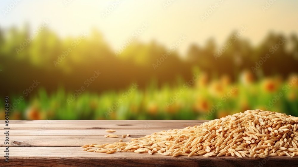 Wooden table top on blur rice field background in daytime.Harvest rice ...