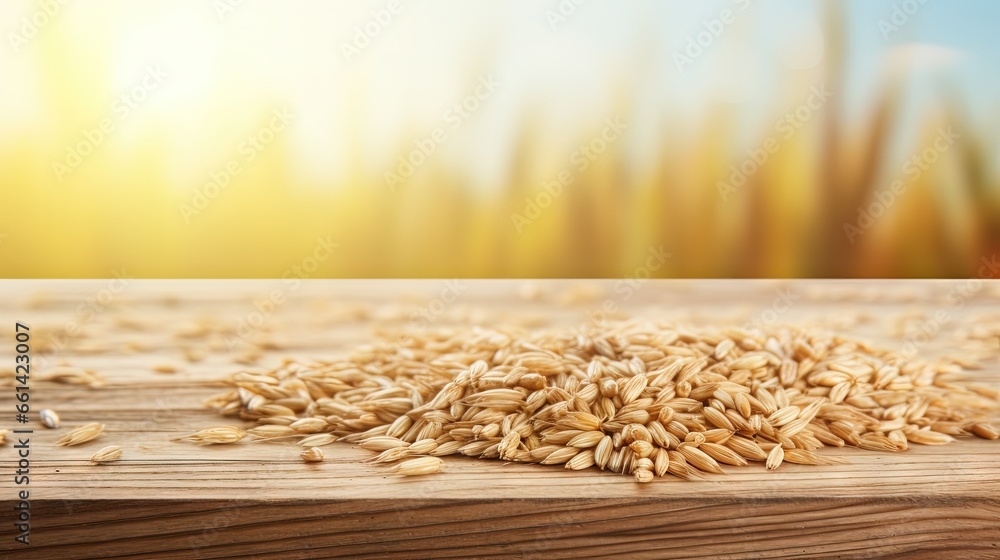 Wooden table top on blur rice field background in daytime.Harvest rice ...