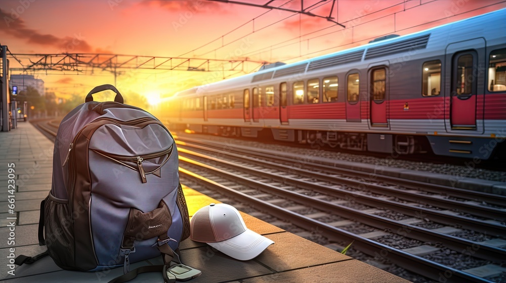 Backpack travel with hat, camera, map, earphone and smart phone on the ...